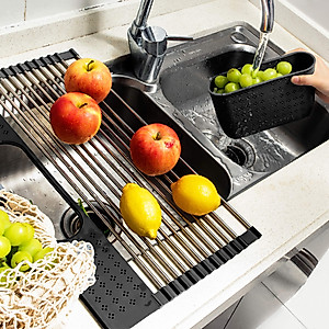 koroda Roll Up Dish Drying Rack Over The Sink: SUS304 Stainless Steel Dish Drainer with Utensil Holder for Kitchen Sink (17.3" × 11", Black)