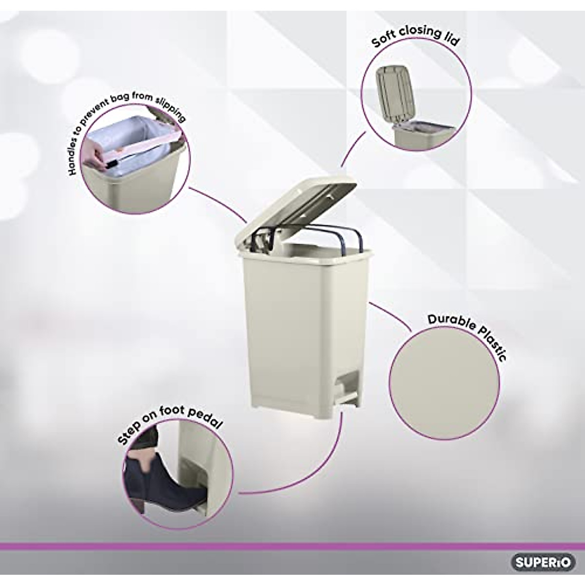 Superio 6.5 Gal Slim Step On Pedal Plastic Trash Can, Waste Bin for Under Desk, Office, Bedroom, Bathroom- 26 Qt, Greige 2 Pack