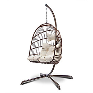 Egg Chair with Cover Indoor Hanging Swing Chair with Stand Rattan Wicker Patio Swing Chair 300 lbs Hanging Chair Outdoor Egg Chair with Stand for Kids Teens Adults (Brown)