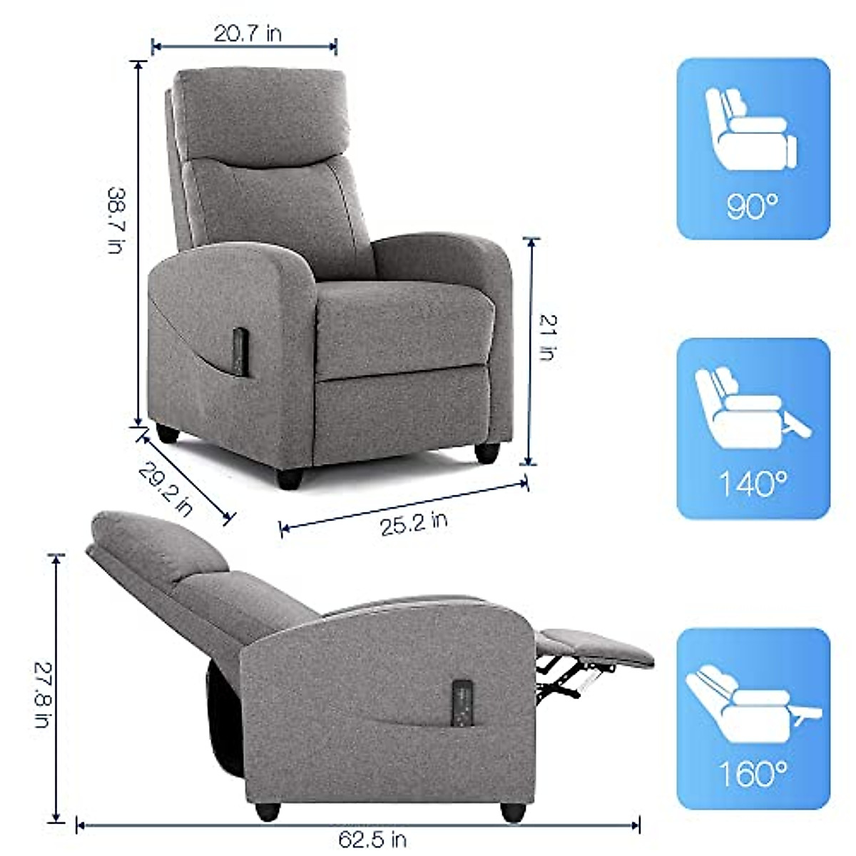 Fabric Massage Recliner Chair Living Room Chair Adjustable Home Theater Seating Winback Single Recliner Sofa Chair Lazy Boy Recliner Padded Seat Push Back Recliners Full Body Armchair for Living Room