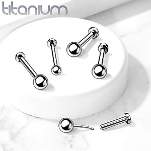 Amelia Fashion Threadless Push In Ball Top Labret Flat Back Stud Implant Grade Titanium for Nose, Cartilage, Monroe, and More (Choose Size) (18GA (1mm) | L.1/4" (6mm) | Ball: 3mm)