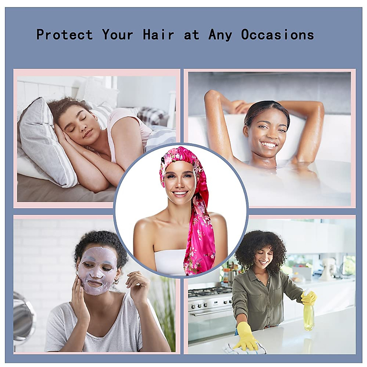 2PCS Braid Bonnet for Black Women Long Satin Hair Bonnet for Sleeping Single Layer Foldable Sleep Cap with Button Teal + Rose Flower