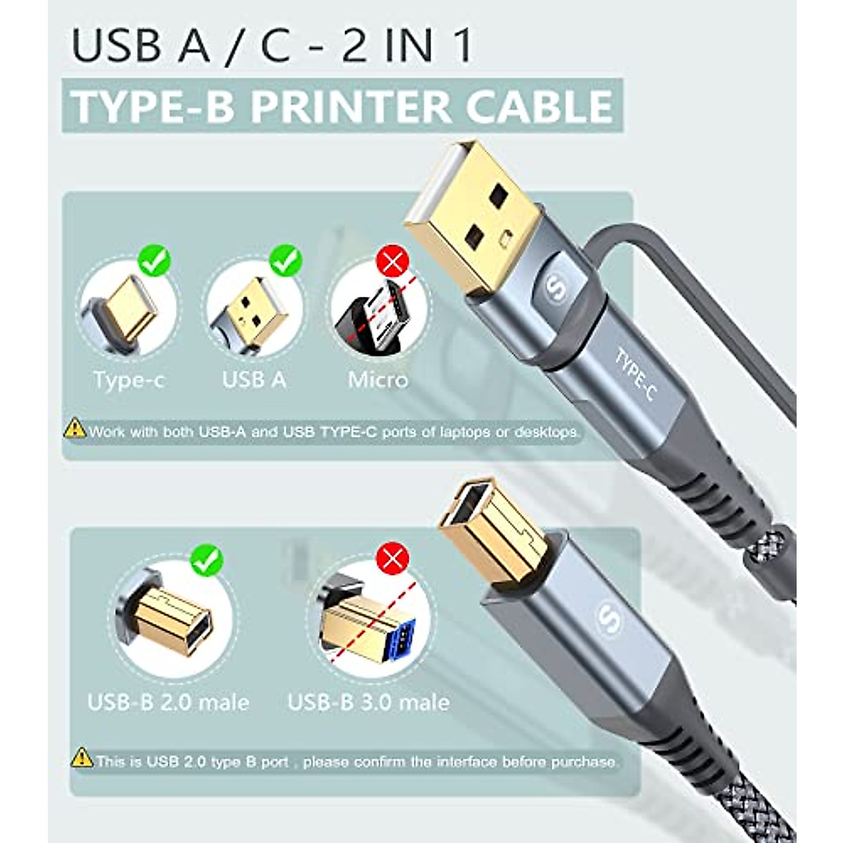USB-B to USB-C/A Printer Cable 2-in-1 [2-Pack, 10FT] USB C MIDI Cable Nylon Braid High-Speed Printer Cord for MacBook Pro/Air, Casio Digital Piano MIDI Controller, HP Canon Dell Epson Brother Samsung