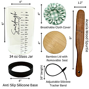 Sourdough Starter Kit - Sourdough Kit Includes Wooden Spurtle, Glass Jar w/ Bamboo Lid, Cloth & More - Non-Slip Silicone Base Sourdough Bread Baking Supplies - Bread Making Kit for Beginners & Pros