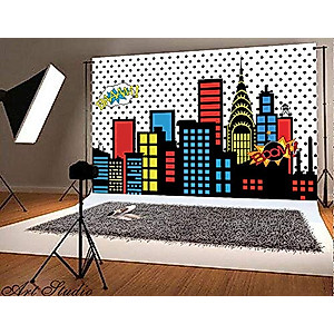 Art Studio 5x3ft Superhero Super City Photography Backdrops Skyline Buildings City Boom Photo Background Children Birthday Party Banner Photo Studio Booth Cake Table Decor Vinyl