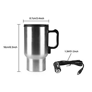 Rely2016 12V Car Heating Cup Stainless Steel Travel Coffee Cup Insulated Heated Thermos Mug with Plastic Inside, 450ml Car Kettle for Heating Water, Coffee, Milk, Tea