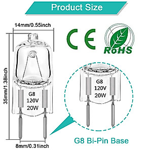 TAIYALOO G8 Halogen Light Bulbs 20W Dimmable 120V G8 Base 2Pin Xenon Bulb (12 Pack) T4 JCD Type Warm White Under Cabinet Puck Lighting Replacements