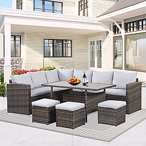 Solaste 7 Piece Patio Furniture Set, All Weather Wicker Patio Conversation Sets with Cushion Seat & Pillows, Outdoor Dining Set, Patio Furniture Outdoor Sectional, Grey