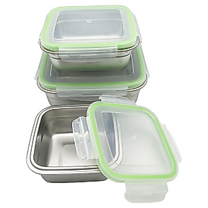 HTIAM Stainless Steel Food Containers, 3-Piece Set with Lids, Reusable for Breakfast, Lunch, Dinner, Snacks Bento Box Square Lunch Box 400/750/1200ml