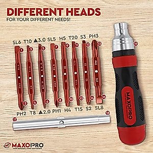 MaxoPro Ratcheting Screwdriver Set with Magnetic Tips - 19 In 1 Ratchet Multi Screwdriver - Portable and Multipurpose All In One Screwdriver, Phillips//Torx-Star/Hex/Square Bits