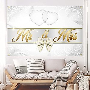 Mr & Mrs Backdrop Banner Silver Bridal Shower Wedding Theme Party Decorations Photography Background Supplies for Women Men, Multicolor
