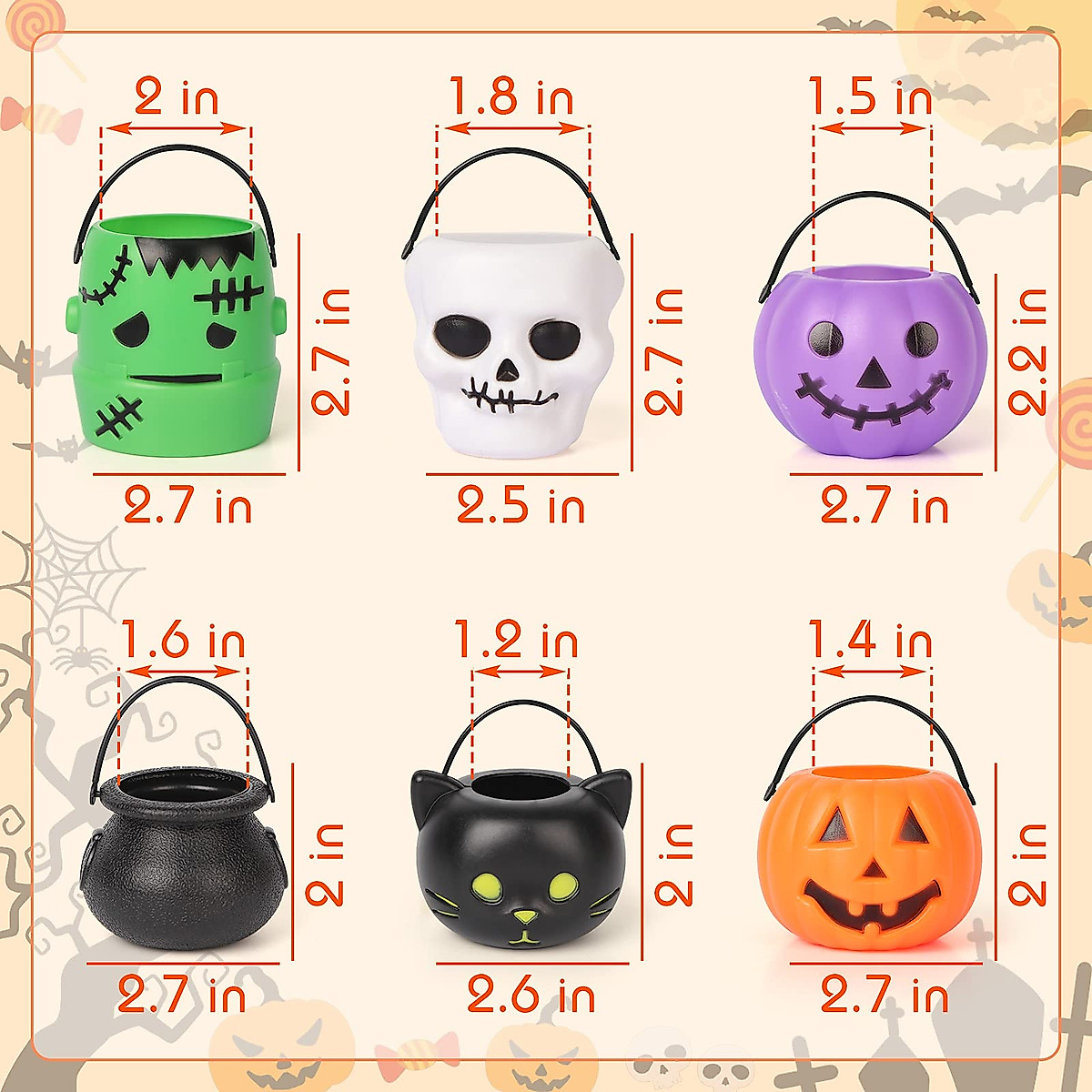 MCPINKY Small Halloween Candy Buckets, 12PCS Mini Portable Pumpkin Bucket Candy Bowl Holder Ghost Candy Bucket for Kids Trick Or Treat Halloween Party Favor
