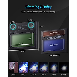 MANUSAGE Auto Darkening Welding Helmet for Men, Welding Hood Auto Darkening Has Dual Power Supply with Solar and Lithium Battery, Welding Mask True Color Shade 9-13 Ideal for Mig Tig ARC (M380SE)