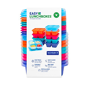 EasyLunchboxes® - Original Stackable Snack Boxes - Reusable 4-Compartment Bento Snack Containers for Kids and Adults, BPA-Free and Microwave Safe Food and Meal Prep Storage, Set of 10 (Jewel Brights)