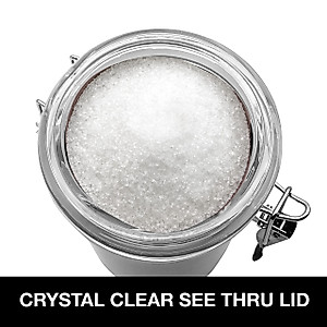 Oggi Stainless Steel Sugar Canister 62 fl oz - Airtight Clamp Lid, Clear See-Thru Top - Ideal Sugar Container for Countertop, Sugar Jar, Bulk Sugar Storage. Large Size 5" x 7.5".