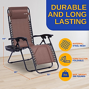 SereneLife SLZGHBRW22.5 Outdoor Adjustable Zero Gravity Lounge Chair Recliners with Plastic Cup Holder Side Table and Padded Headrest Pillows, 2 Pack, (Brown), Chocolate