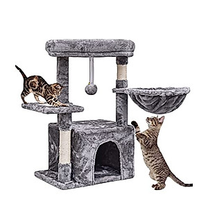 SYANDLVY Cat Tree for Indoor Cats, Activity Tower with Scratching Posts & Board, Modern Kitten Condo with Plush Perch, Hammock & Hanging Ball for Play (Light Grey)