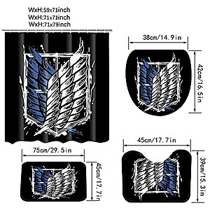 daweitianlong 4 Piece Anime Shower Curtain Set with Non-Slip Rug, Thickened Toilet Lid Cover and Bath Mat,Waterproof Anime Shower Curtain Sets for Bathroom With12 Hooks 59x71 inch, 17