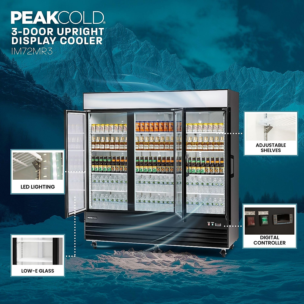 PEAKCOLD Commercial Upright Display Cooler - Merchandiser Refrigerator with Three Glass Doors and LED Lighting, 57.5 Cu Ft Capacity, Adjustable Shelves, Perfect for Restaurants, Cafes, and Bars