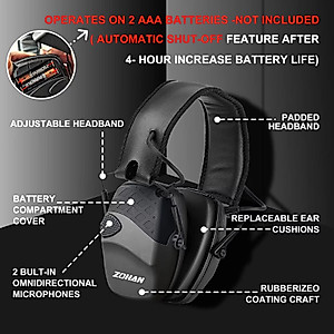 ZOHAN EM054 Electronic Ear Protection for Shooting Range with Sound Amplification Noise Reduction, Ear Muffs for Gun Range (Black)