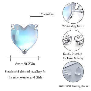 CUOKA MIRACLE Heart Moonstone Earrings, 925 Sterling Silver, Hypoallergenic, Stud, Gift for Women Girls