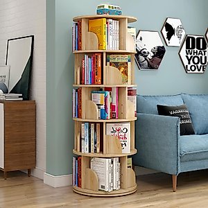 5 Tier Rotating Bookshelf Tower, Spinning Bookcase 360 Revolving Book Shelf, Floor Standing Bookcase Storage Rack for Kids Adults Solid Wood Bookshelf Organizer