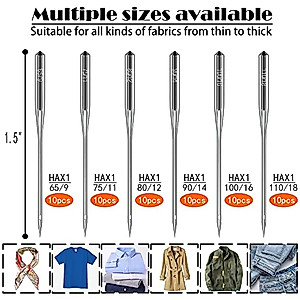 60Pcs Sewing Machine Needles Set Universal Standard Needle for Singer, Brother, Janome, Varmax, Home Sewing Machines Needles in Size HAX1 65/9, 75/11, 80/12, 90/14, 100/16, 110/18