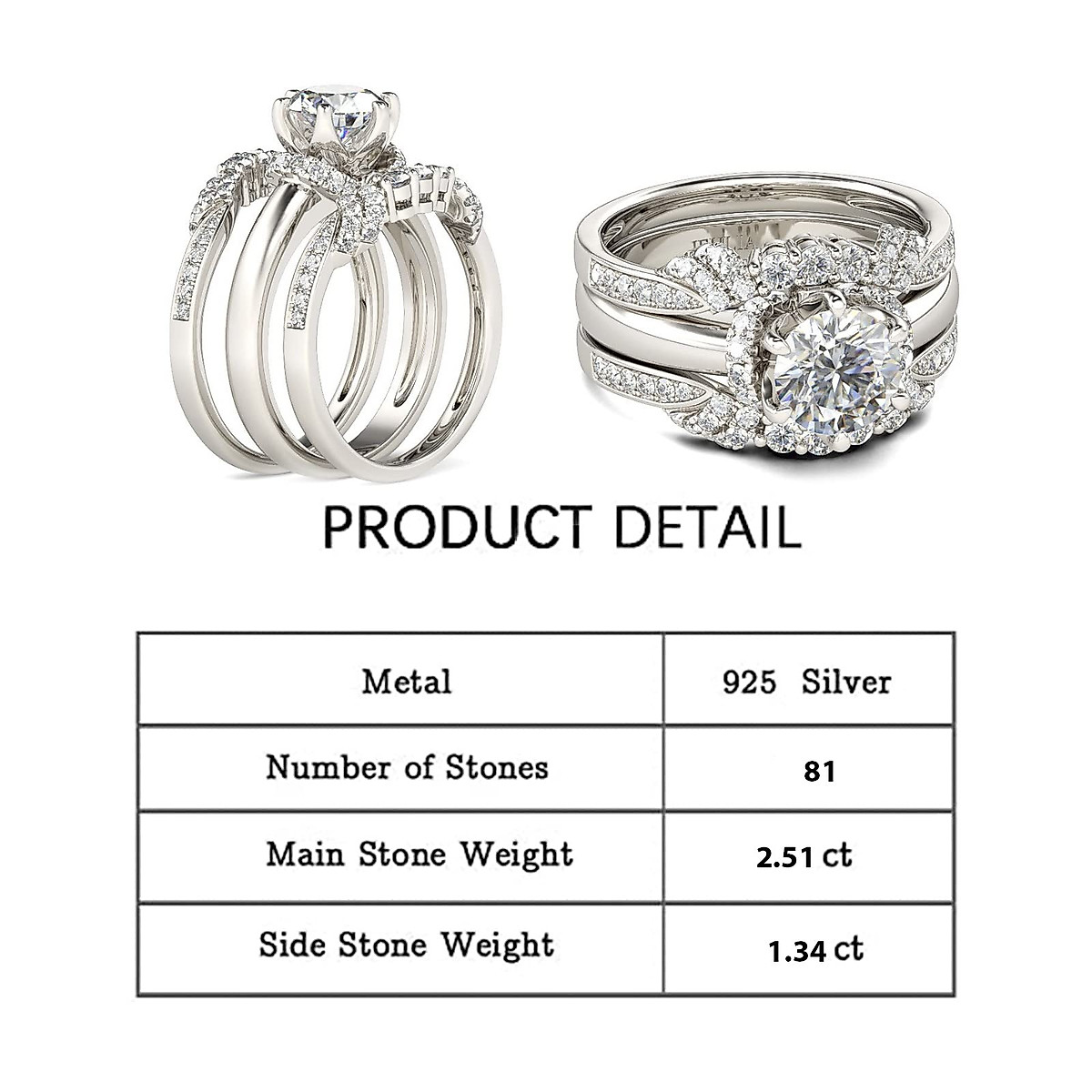 Jeulia 3PC Ladies Classic Round Cut Sterling Silver Rings Set Engagement Anniversary Wedding Band Ring Set With Jewelry Gift Box for Women (8)