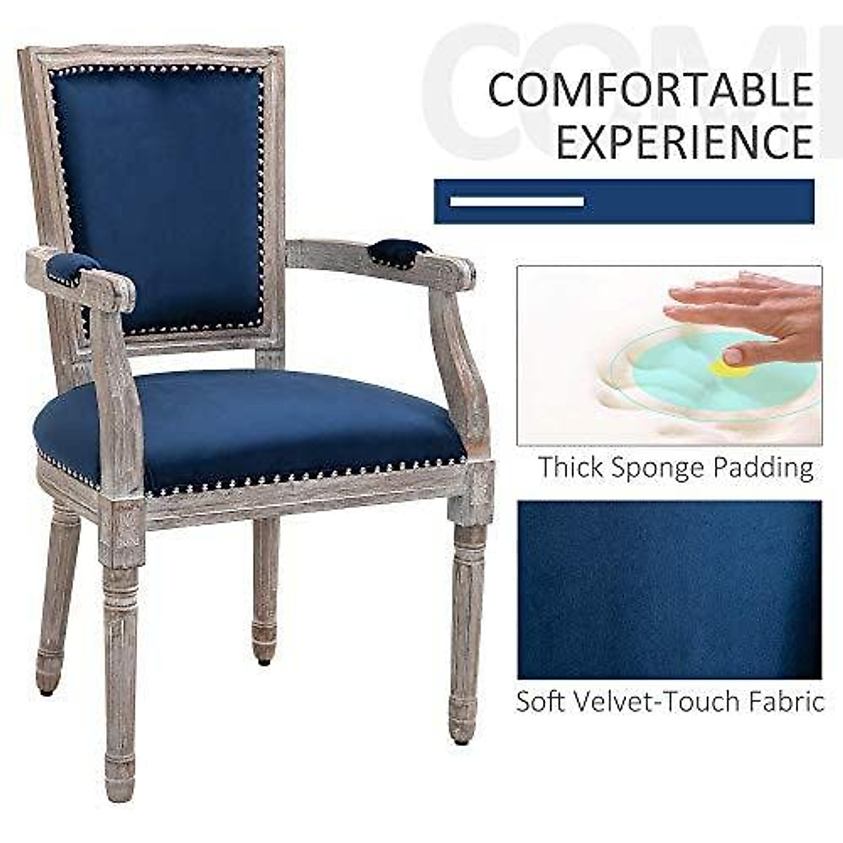 HOMCOM Vintage Dining Chair with High Back, Thick Sponge Padded Seat and Section Armrest with Wood Frame, Blue