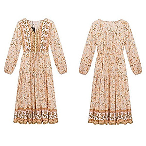 R.Vivimos Women's Long Sleeve Cotton V-Neck Button Up Floral Print Boho Flowy Midi Dresses (Medium, Peach)