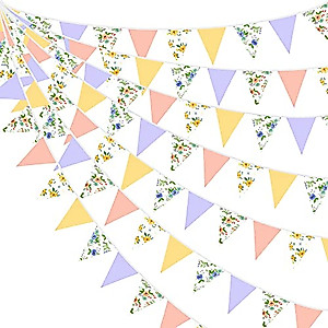 32Ft Pink Purple Yellow Printed Flowers Flora Pennant Banner Fabric Triangle Flag Bunting Garland for Easter Day Spring Summer Decor Birthday Party Wedding Home Outdoor Garden Hanging Decoration