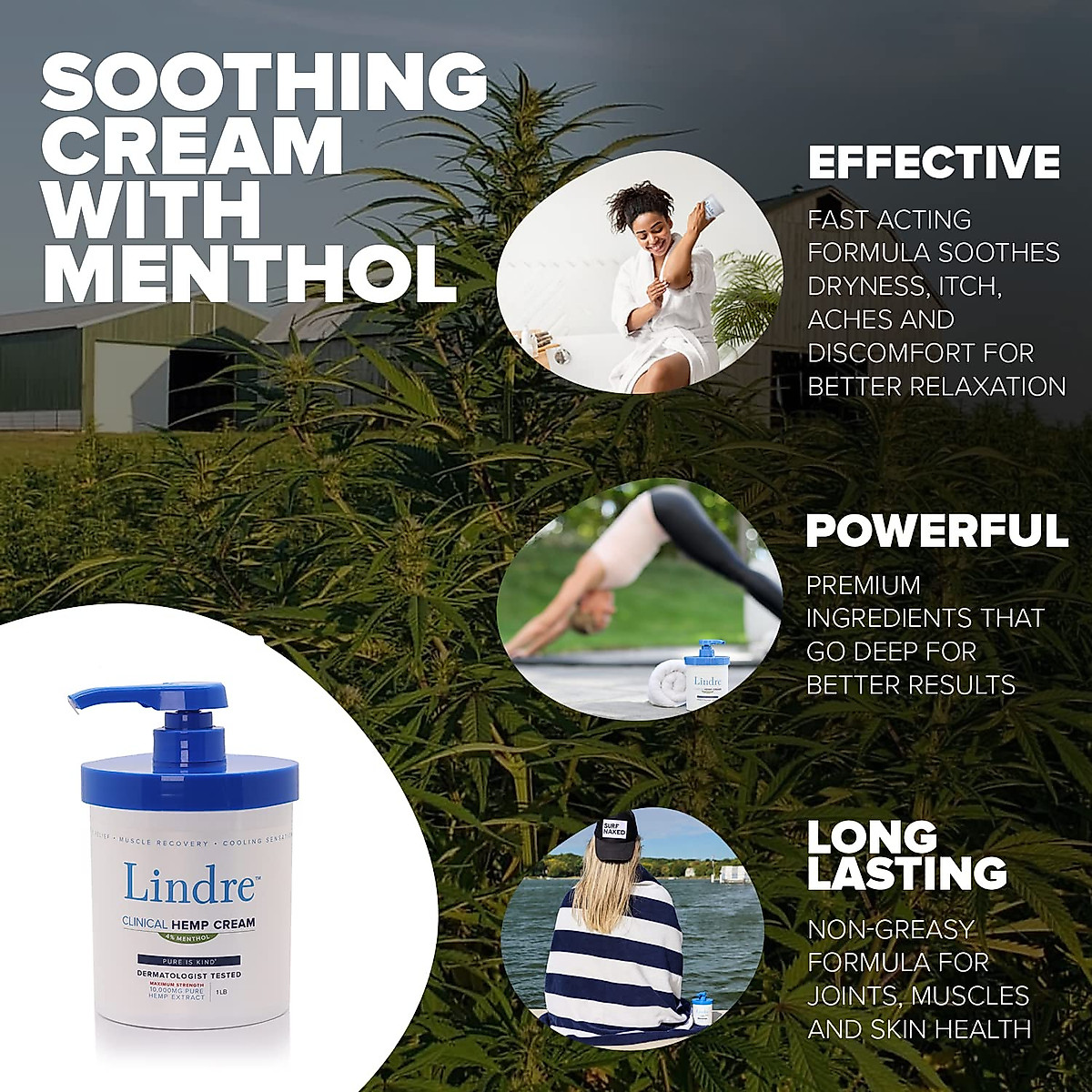 Lindre Regular Strength Hemp Cream for Back Knees Joints Muscles Itch. Non-Greasy, Steroid Free, Dermatologist Tested. Menthol Formula, 1.7oz
