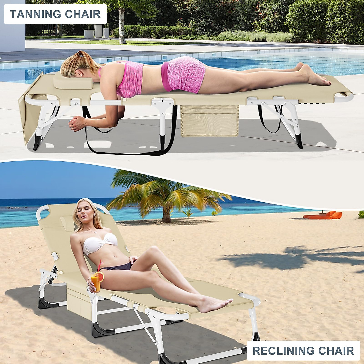Slsy Face Down Folding Lounge Chairs Outdoor, Adjustable Sleeping Cot Chair, Portable Folding Bed Cot Chaise Lounge Chairs for Outside Beach Lawn Camping Pool Sun Tanning