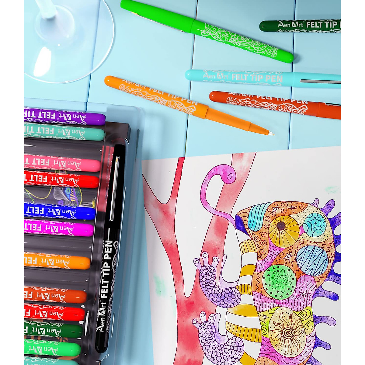 Felt Tip Pens, 35 Colored Fine Point Felt Pen with Fiber Tip, Water-Based Ink, Perfect Markers Pen for Bullet Journaling Adult Coloring, Note Taking at School Office