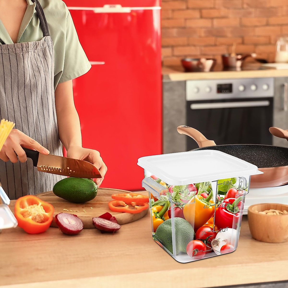 Suclain 6 Pcs Square Food Storage Container with Lid Set 2Qt 4Qt 6Qt Clear Commercial Container with Scales Handles for Home Restaurant Kitchen Proof Dough Marinating Meat, Polycarbonate(White)