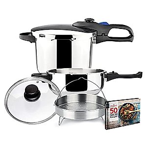 Magefesa® Favorit Six Super-Fast pressure cooker, 3.2 + 6.3 Quart, stainless steel, suitable induction, heat diffuser bottom, 5 safety systems SPECIAL EDITION (Steam basquet + Lid + Recipe book)
