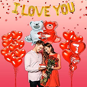 Valentines Day Balloons Decorations Kit - Teddy Bear Foil Balloons| 20Pcs Mylar Red Heart Shaped Balloons | I LOVE YOU Balloons & Red Balloons| 500Pcs Artificial Fake Rose Petals for Valentines Day