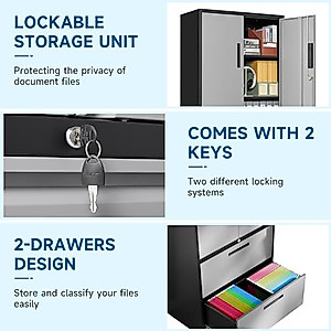 PEUKC 2-Drawer Metal File Cabinet,Lateral Filing Cabinets for Home Office,Locking File Cabinet with Storage Shelves,Legal/Letter/A4 Size Office File Cabinet,(Black Grey, Assemble Required)