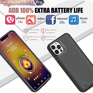 BAHOND Battery Case for iPhone 13/13 Pro, 5000mAh Rechargeable Extended Battery Charging/Charger Case, Add 100% Extra Juice, Support Wire Headphones (6.1 inch) Black
