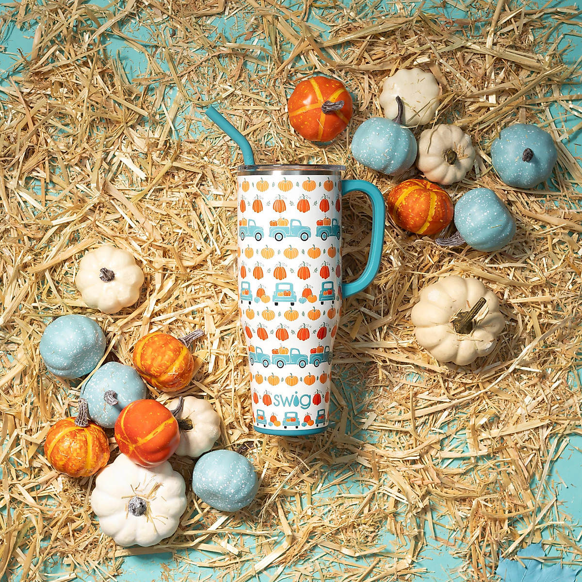 Swig Life 40oz Mega Mug, 40 oz Tumbler with Handle and Straw, Cup Holder Friendly, Dishwasher Safe, Extra Large Insulated Tumbler, Stainless Steel (Pumpkin Patch)