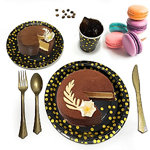 New Years Eve Party Supplies 2025 Christmas Decorations Party Plates Napkins Set Black and Gold Party Supplies 350 Pcs Disposable Paper Plates Napkins Gold Fork Knives Spoon, Serves 50