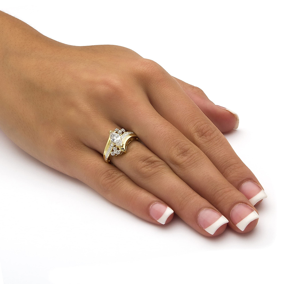 PalmBeach 14K Yellow Gold Plated or .925 Sterling Silver or Silvertone Marquise Cut Cubic Zirconia Bypass Engagement Ring Size 7