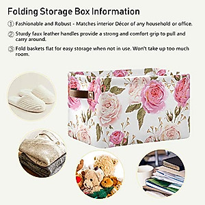 susiyo Large Foldable Storage Bin, Floral Pink Roses Fabric Storage Baskets Collapsible Decorative Baskets Organizing Basket Bin with PU Handles for Shelves Home Closet Bedroom Living Room-2Pack