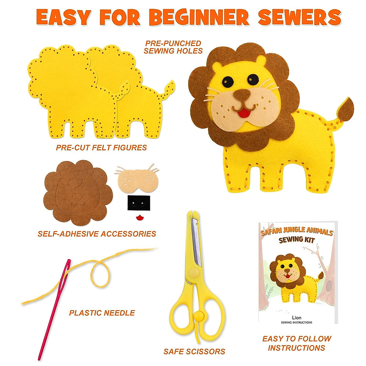 CiyvoLyeen Safari Jungle Animals Sewing Craft Kit DIY Kids Craft and Sew Set for 7 8 9 10 11 12Girls and Boys Educational Beginners Sewing Stuffed Animal Felt Plush Ornaments Set of 14