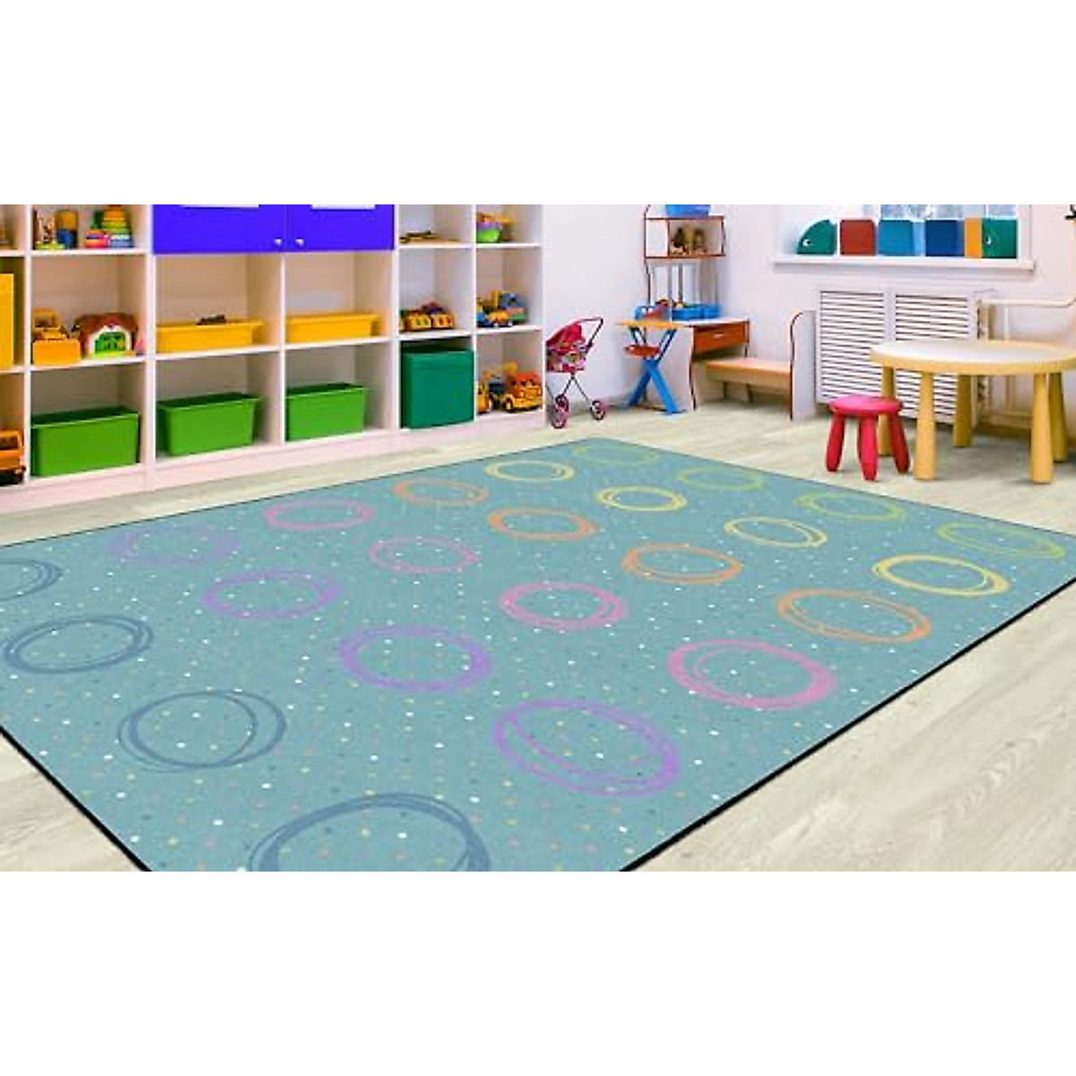 Flagship Carpets Smiley Circle Sampler Abstract Educational Area Rug for Kids Room Seating Décor, Children's Classroom, Play Carpet for Teaching and Playroom, Seats 24, 7'6"x12', Blue & Multi