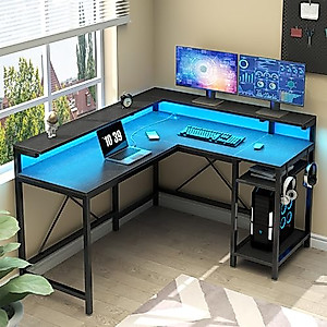 Loomie L Shaped Computer Desk, 83" Gaming Desk with LED Light & Power Outlets, Corner Desk with Full Monitor Stand & Adjustable Storage Shelves, Home Office Desk with 2 Hooks, 2 Person Desk, Black