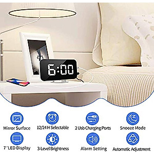 Digital Alarm Clock,7" LED Mirror Electronic Clocks,with 2 USB Charging Ports,Snooze Mode,Auto Adjust Brightness,Modern Desk Wall Clocks for Bedrooms Living Room Office - White