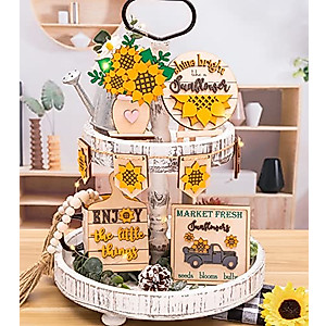 Sunflower Decor - Farmhouse Sunflower Decorations - Rustic Sunflower Tiered Tray Decor - Spring Summer Fall Wooden Signs for Home Kitchen Bathroom Table Bedroom Room Indoor (Tray Not Included)