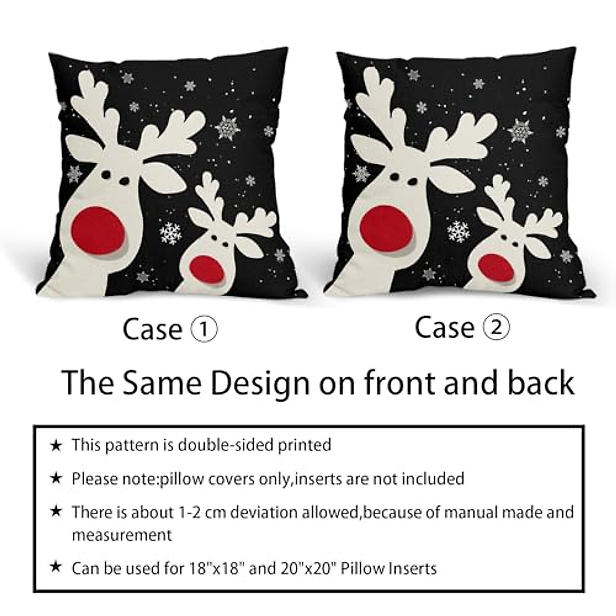 aportt Deer Christmas Pillow Covers 20X20 Inch Winter Black Snowflake Reindeer Decorative Pillow Cases Merry Christmas Holiday Square Throw Pillows Set of 2 Home Decor for Sofa Couch Bedroom Outdoor