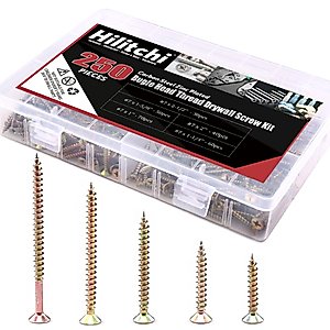 Hilitchi 250-Pcs #7 Phillips Bugle Head Coarse Thread Drywall Screw Assortment Kit, Carbon Steel Zinc Plated, Ideal Screw for Drywall Sheetrock, Wood, and More